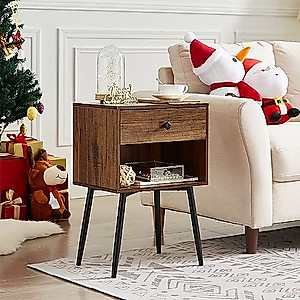 VECELO Nightstands Set of 2 Industrial 2-Tier Night Stand/Side Drawer, Wood Mid Century End Tables for Small Places, Bedrooms, Living Room, Home, Farmhouse, Rustic Brown