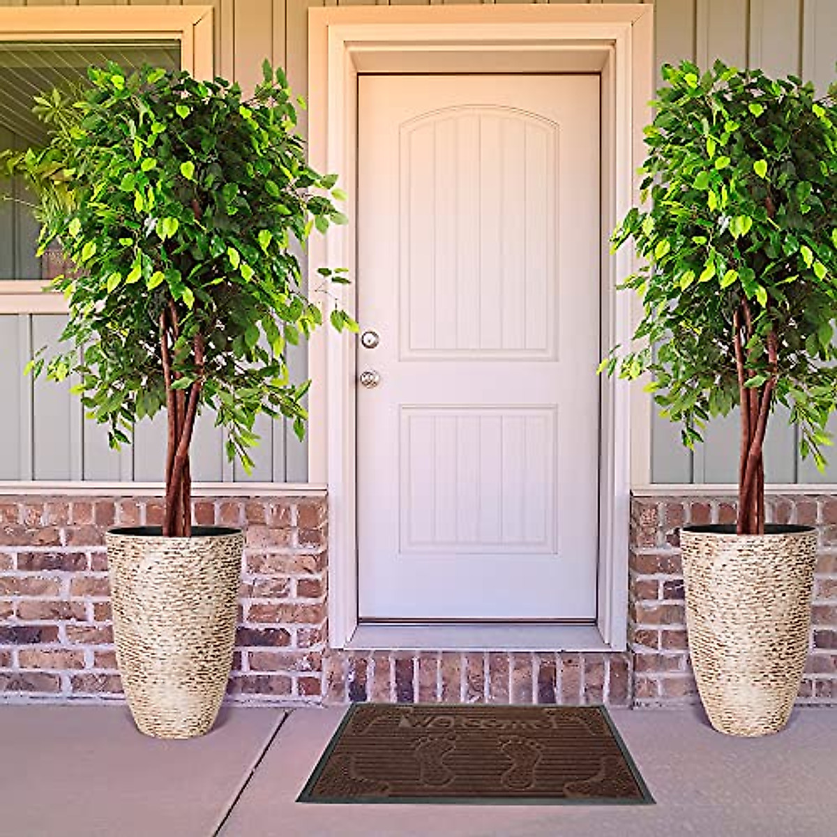 Worth Garden 9 Gallon Tall Round Planters Set of 2-14" Dia x 21" H Tree Pots for Outdoor Plants - Large Imitation Stone Finish Flower Pots Indoor Decorative Container Garden Patio Unbreakable Beige