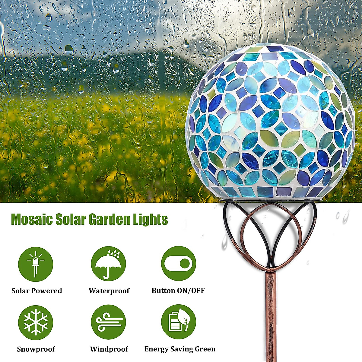 VCUTEKA Solar Outdoor Lights Garden Decor Mosaic Solar Garden Lights Waterproof Glass Ball LED Pathway Stake Light for Landscape Lawn Patio Yard Decoration 6 inch, Blue