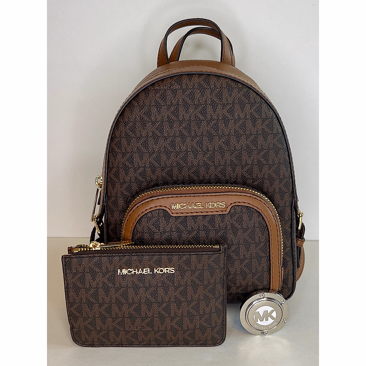 Michael Kors Jaycee XS Convertible Zip Pocket Backpack bundled with SM TZ Coinpouch Wallet Purse Hook (Signature MK Brown)