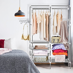 Garment Freestanding Clothes Organizer Closet, Metal Hanging Storage Organizer Rack Wardrobe with Shelves& Hanging Rods,Clothes Hanger Organizer (Grey)