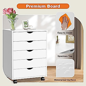 Sweetcrispy 5 Drawer Chest - Storage Cabinets Dressers Wood Dresser Cabinet with Wheels Mobile Organizer Drawers for Office, Bedroom, Home, White