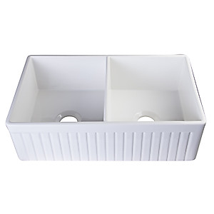 ALFI brand AB537 White 32-Inch Fluted Double Bowl Fireclay Farmhouse Kitchen Sink, White