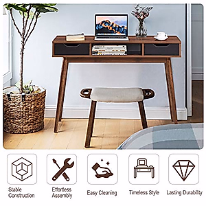 Tangkula Mid Century Desk with Drawers, Modern Writing Study Desk, Home Office Desk Computer Desk with Solid Wood Legs & Open Shelf, Study Workstation Multifunctional Vanity Table Desk for Bedroom