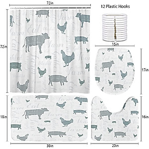 LOKMU 4 Pcs Shower Curtain Sets with Non-Slip Rugs, Toilet Lid Cover and Bath Mat,Modern Farmhouse Cow Chicken and Pig Blue Waterproof Shower Curtain with 12 Hooks, Bathroom Decor Sets, 72" x 72"
