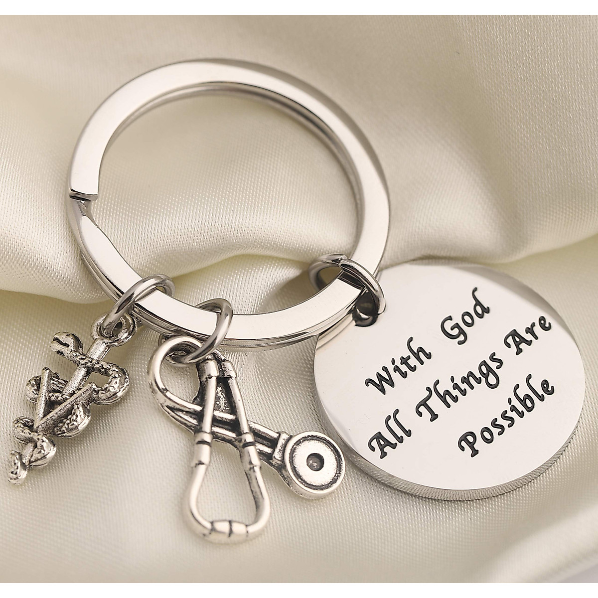 BEKECH Veterinarian Gift Veterinary Technician Gift with God All Things are Possible Keychain with Caduceus Stethoscope Charm Vet Tech Jewelry Animal Rescue Gift (Silver)