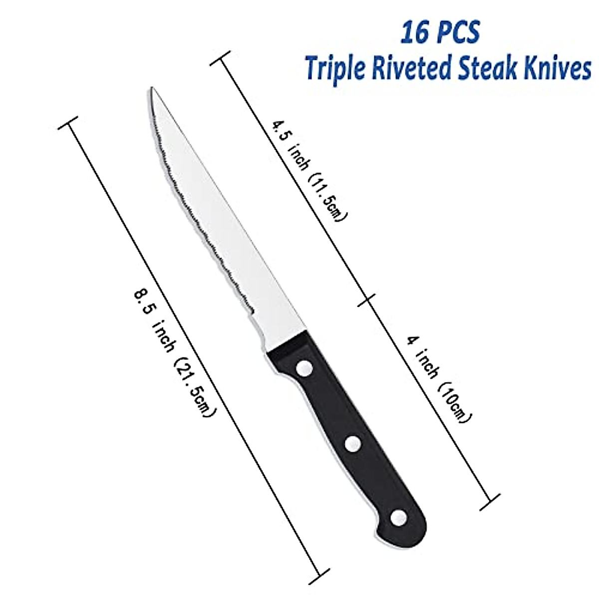 BEWOS Steak Knives Set of 16, Triple Rivet Steak Knives, Serrated Steak Knives, Stainless Steel Serrated Blades (4.5”), Sharp Knifes, Dinner Knives, Dishwasher Safe, Knives Set for Home, Restaurant