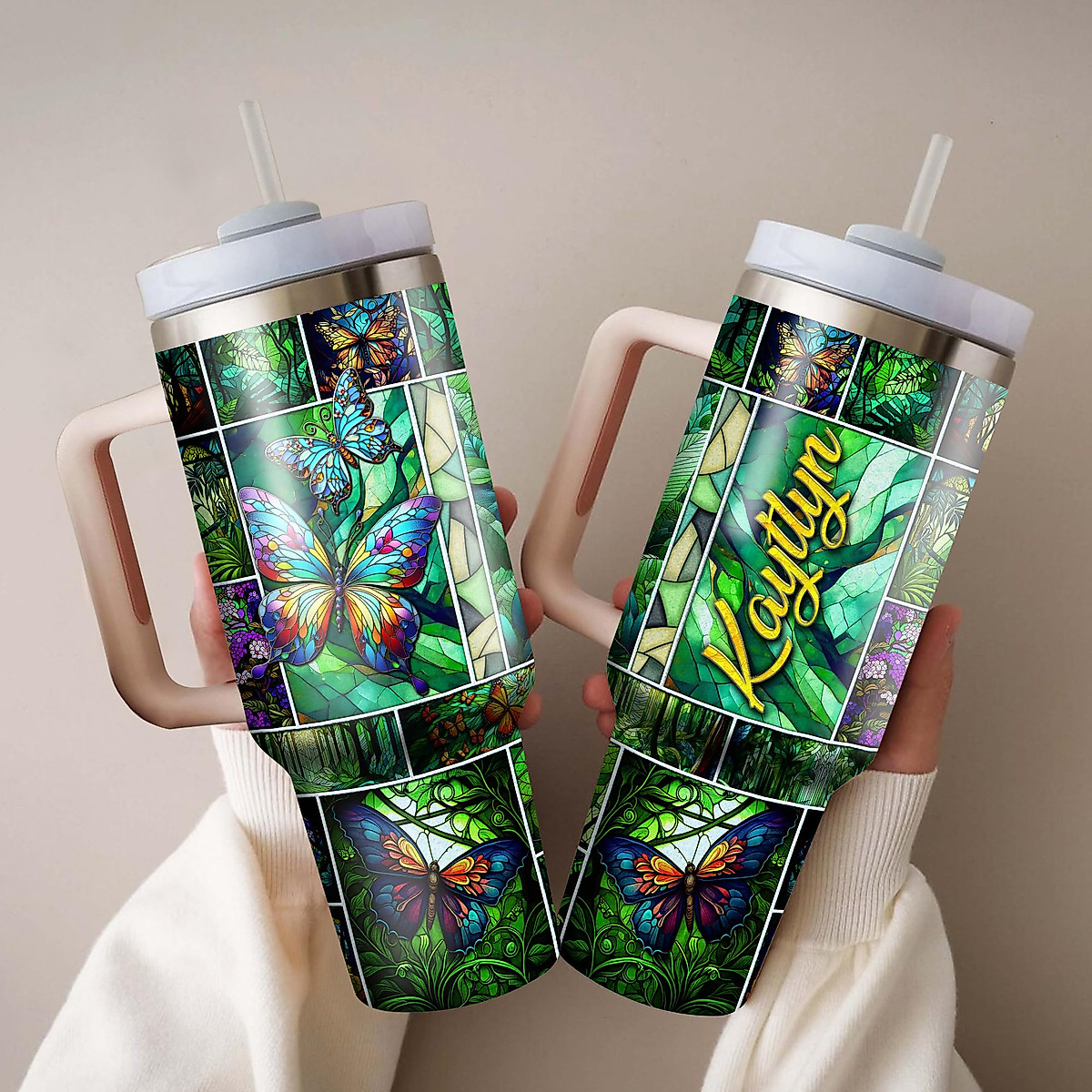 WAZONE Personalized Butterfly 40oz Travel Cup With Lid And Straw Custom Name Vacuum Stained Glass Style Tumblers Stainless Steel Insulated Cup Travel Mug Gift for Girls Woman Mother Coworker