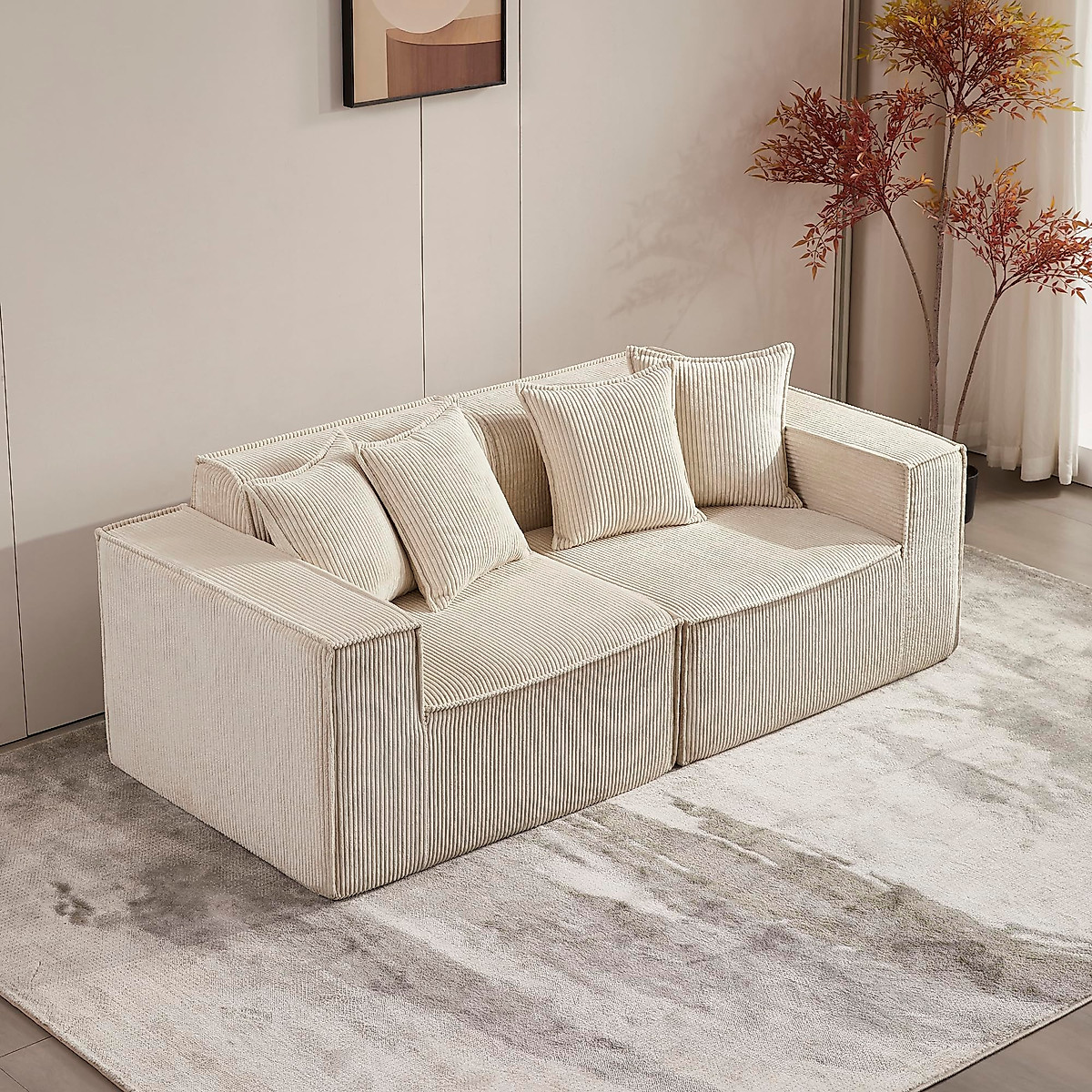 Yogald 78.74" Modern Minimalist Floor Loveseat Sofa, No Assembly Needed, Comfy Upholstered Small Couch, Compression Sofa for Living Room, Apartment, Studio, or Office (Corduroy Beige)