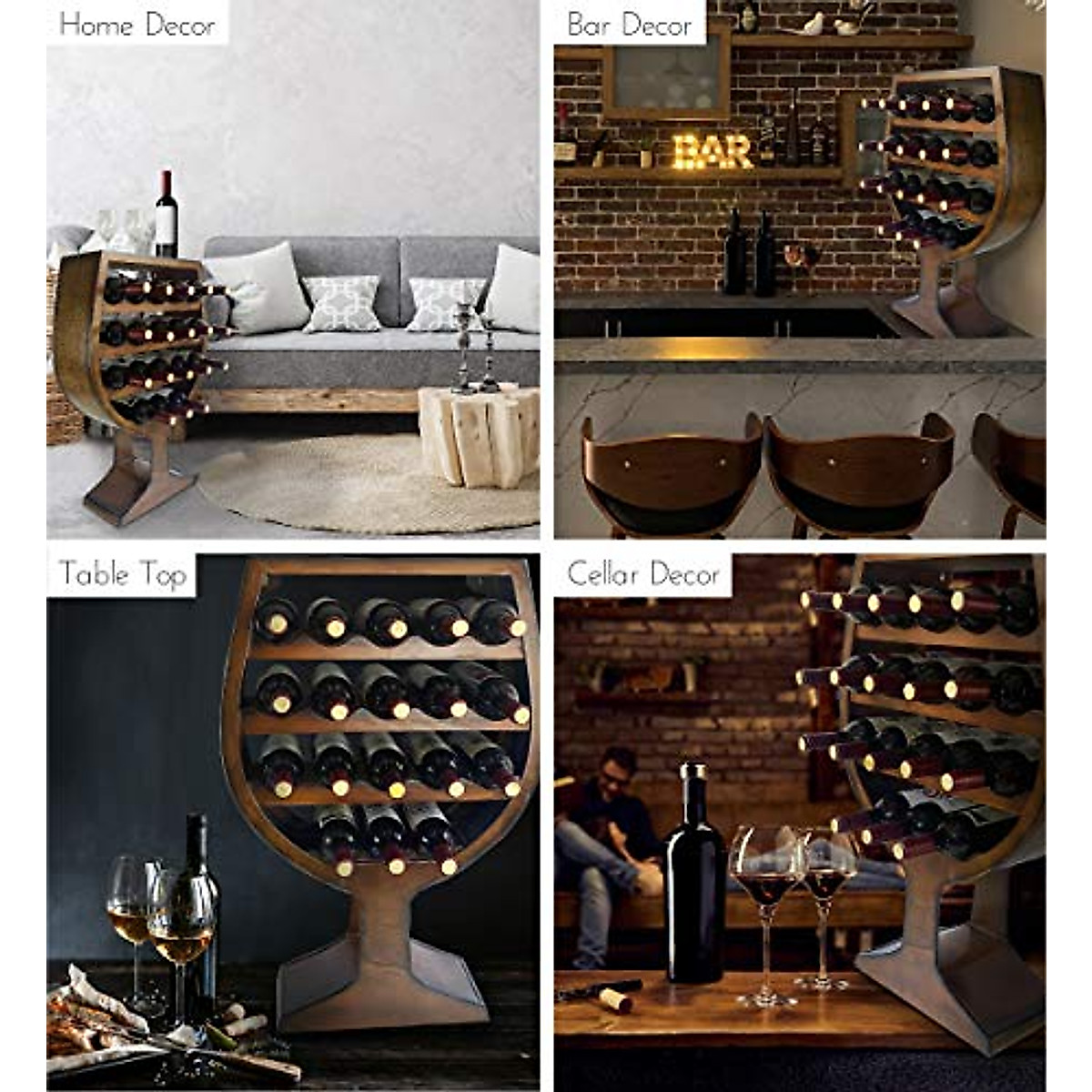 CoTa Global Wine Glass Shaped Wall Mounted Wine Rack - 18 Bottles Freestanding Wooden Wine Holder, Hanging Bottle Rack or Floor Stand, Rustic Wine Storage Shelf Organizer for Wine Bar & Home Décor