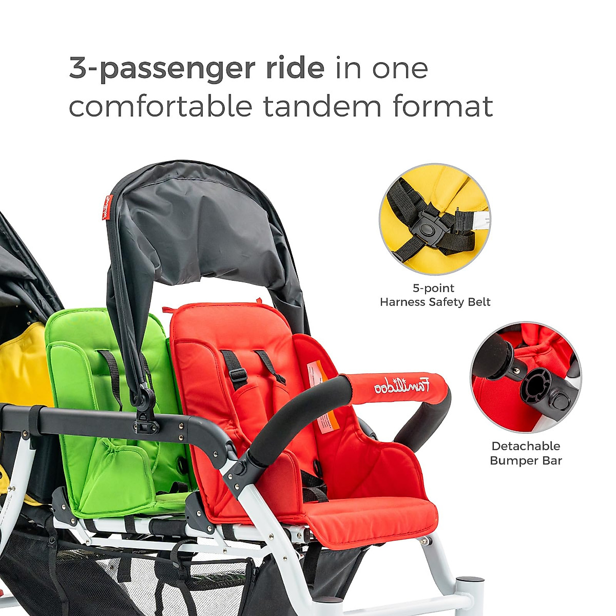 Familidoo H3E 3 Seat Baby Stroller - Tandem Daycare Triple Stroller with 5 Point Safety Harness - for Infants & Toddlers 0-3 Years - Lightweight & Foldable - All Reclining Seats