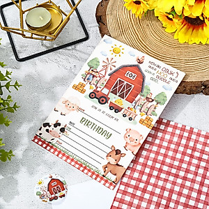AnyDesign Farm Barnyard Birthday Party Invitations with Stickers Envelopes Red Buffalo Plaids Animal Pig Cow Party Invitation Paper Cards for Birthday Invites Party Supplies, 20 Sets, 5 x 7 Inch
