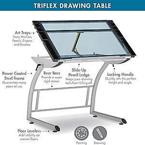 SD Studio Designs Triflex Drawing Table, Sit to Stand Up Adjustable Office Home Computer Desk, 35.25" W X 23.5" D, Silver/Blue Glass