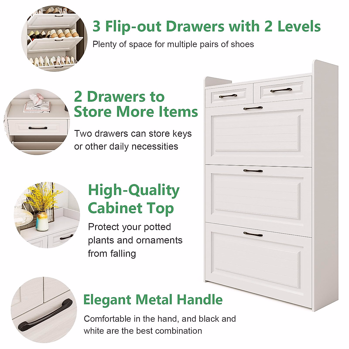 BFFGFFII Shoe Cabinet, Entryway Cabinet Wooden Shoe Rack with 3 Flip Drawers and 2 Drawers, 3-Tier Adjustable Shelves Shoe Cabinet Organizer Freestanding for Entryway Hallway, Living Room(White)