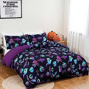 Halloween Duvet Cover Set Queen,3 Pieces Black Skull Pumpkin Comforter Cover Set with 2 Pillowcases Ghost Festival Themed Bedding Set Queen90 x90(Not Comforter)