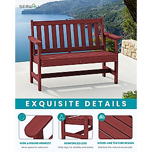 SERWALL Outdoor Bench, HDPE Outdoor Benches Weatherproof, 2-Person Garden Bench with 660 lbs Weight Capacity, Patio Benches for Outdoors, Garden, Porch, Backyard and Park, Red