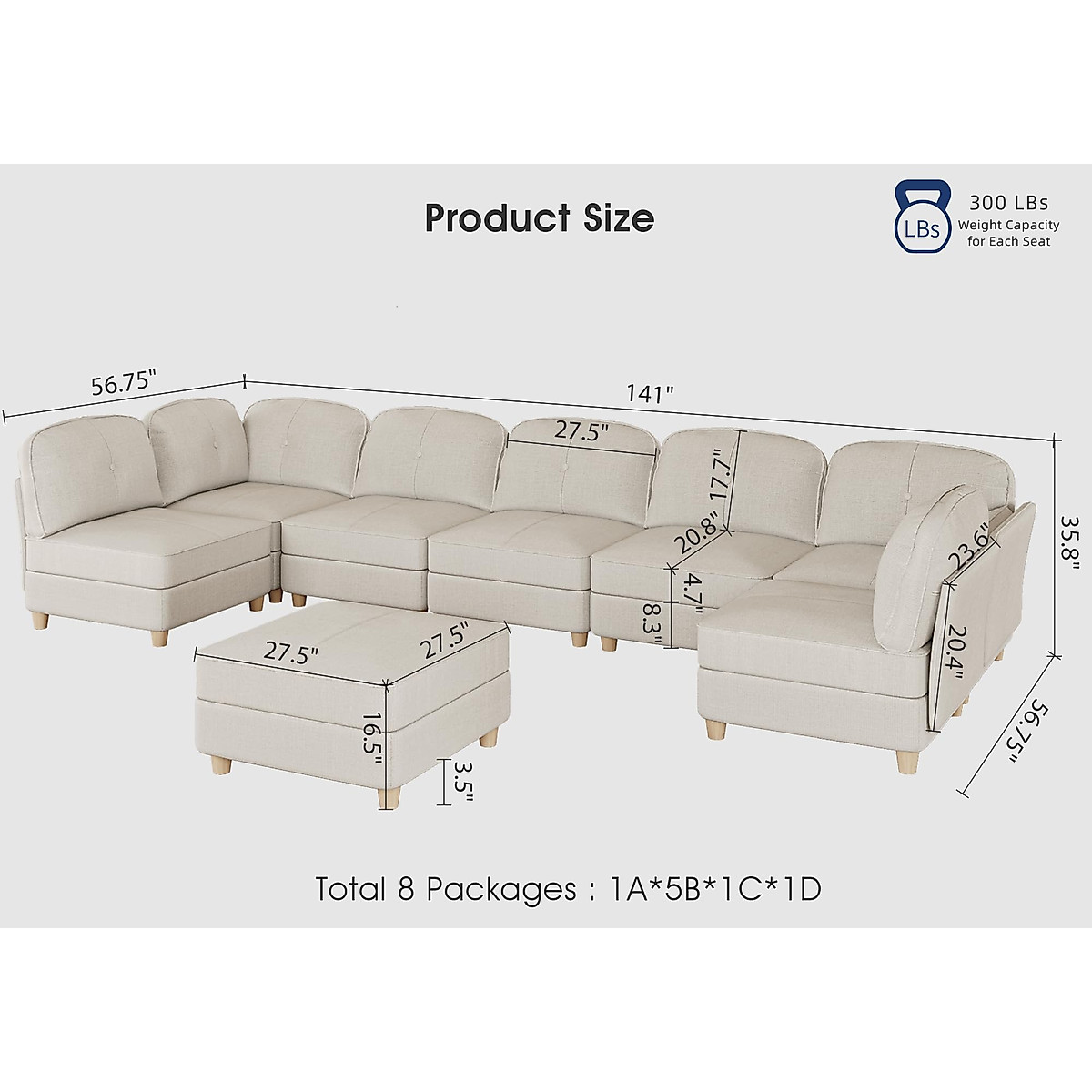 LLappuil Oversized Modular Sectional Fabric Sofa Set, Extra Large L Shaped Couch Reversible Chaise Modular Sectional Couch, 113.5 inch Width,8 Seat Modular Sofa with Storage Ottoman, Linen,Off White