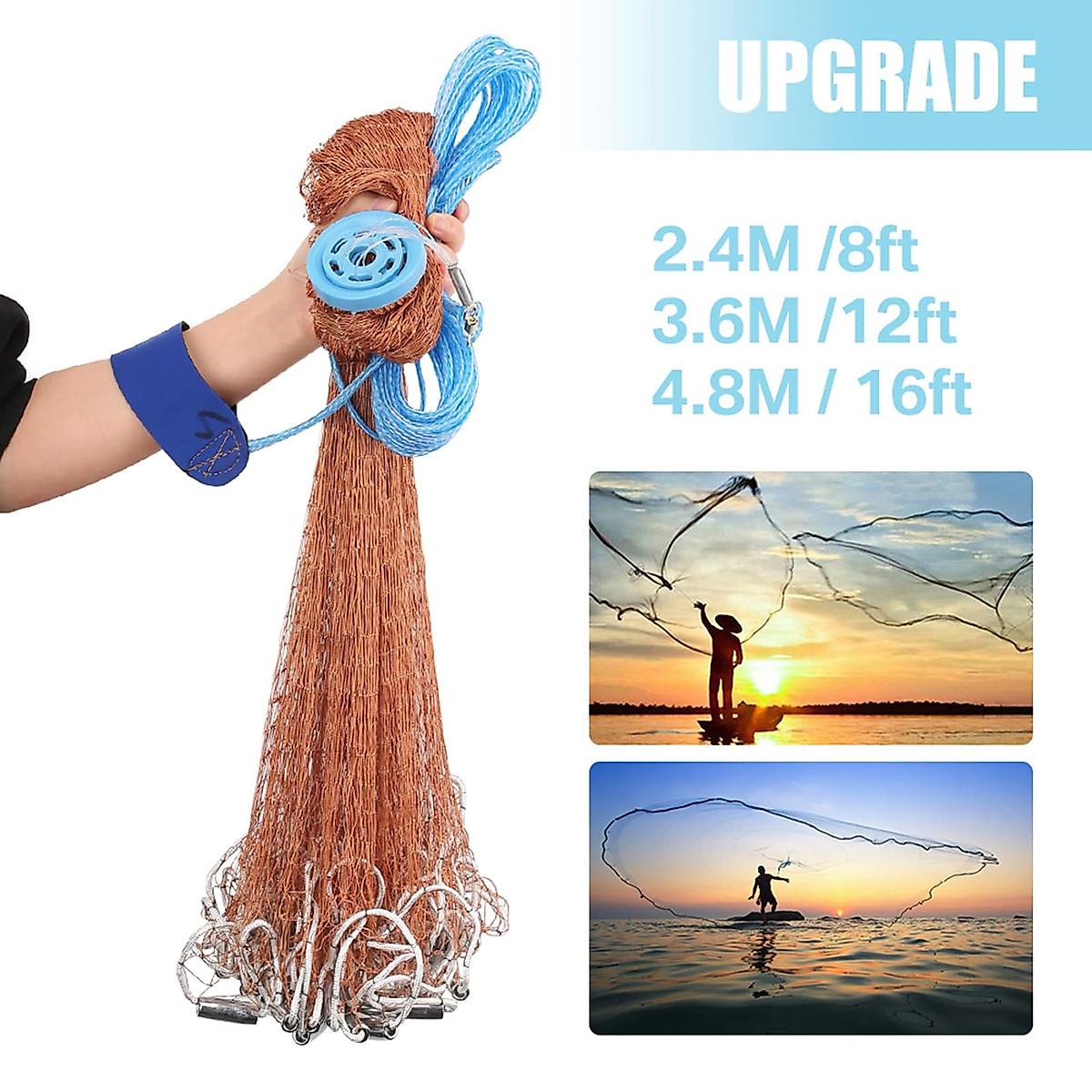 Cast Net for Bait Trap Fish, 4ft 6ft 8ft Radius Cast Nets for Fishing, 3/8 inch Mesh for American Saltwater Freshwater Fishing Net, Easy to Throw Casting Net for Bait Trap Fish