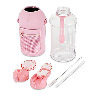 HYDRARANK Half Gallon Water Bottle with Storage Sleeve and Straw Lid - BPA Free Large Gym Water Bottles for Women - Leak Proof - Reusable Pink Water Jug with Strap, Handle (74 Ounce)