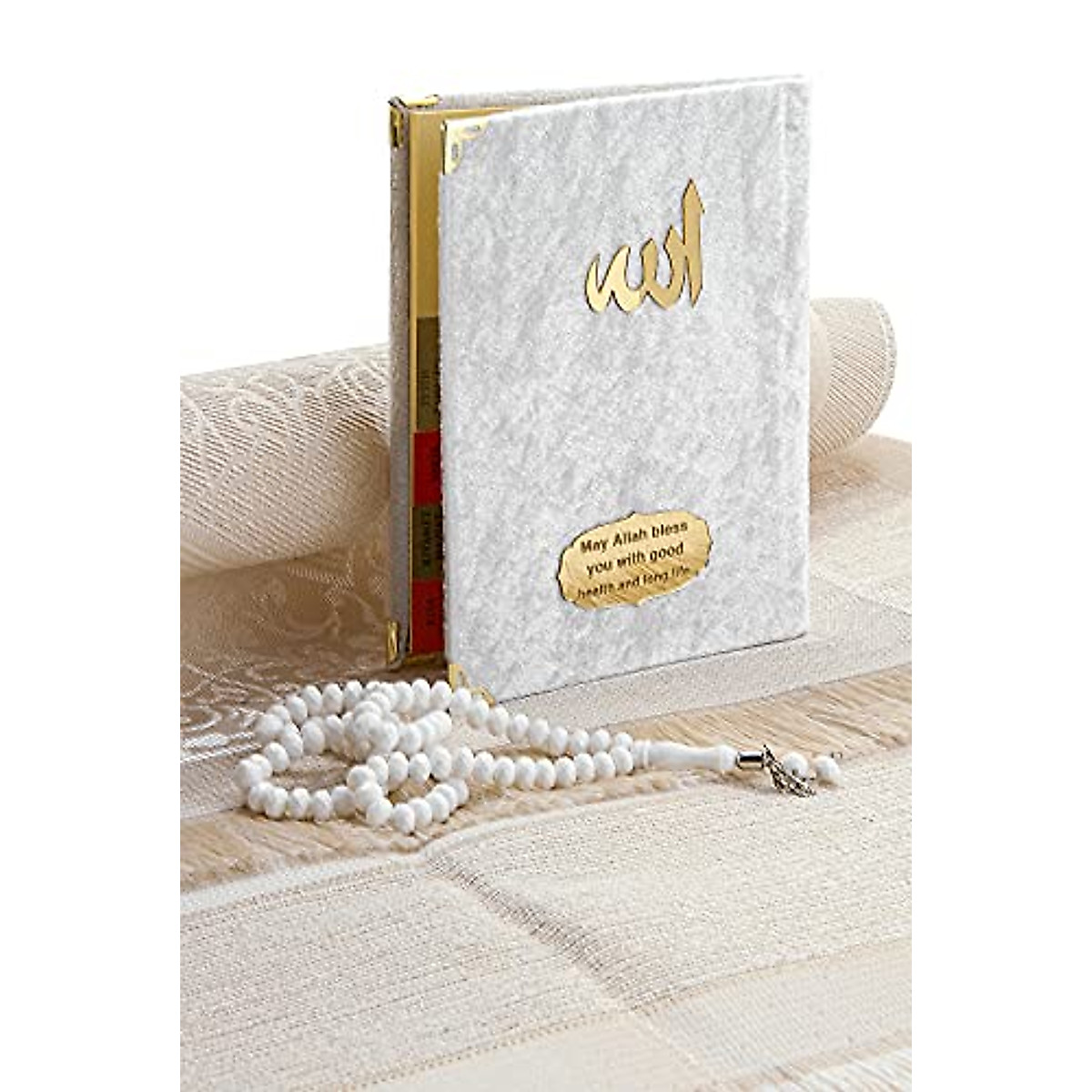 ihvan online Taffeta Fabric Muslim Prayer Rug & Velvet Covered Yaseen Surah Bag-Size Book & Crystal Prayer Beads Set with Kraft Boxed, Perfect Islamic Ramadan Eid Gifts, Cream