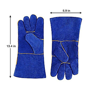 DEKO Welding Gloves 14 inch Leather Forge Heat Resistant Blue Welding Glove for Mig, Tig Welder, Furnace, Fireplace and More (Blue),Camping, Stove, BBQ