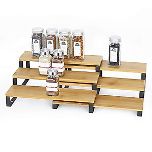 MOOACE 3 Tier Expandable Spice Rack Set (15.35"--22.2"L), Step Shelf Organizer for Cabinet Countertop Pantry, Set of 2