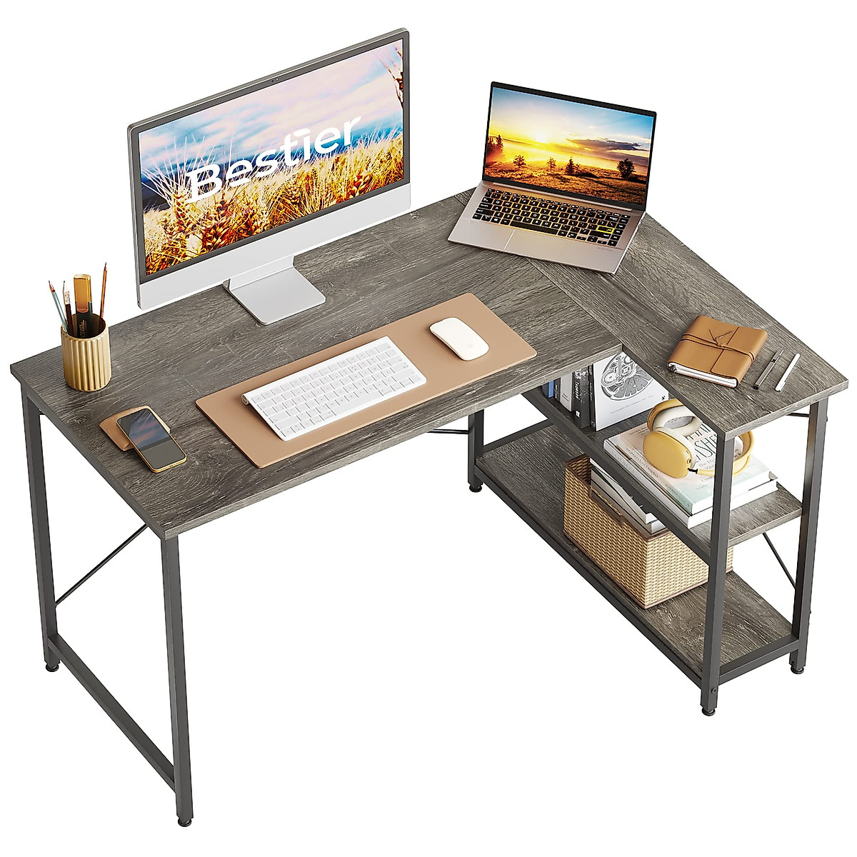 Bestier Small L Shaped Desk with Storage Shelves 47 Inch Corner Computer Desk Writing Study Table for Home Office Small Space, Gray