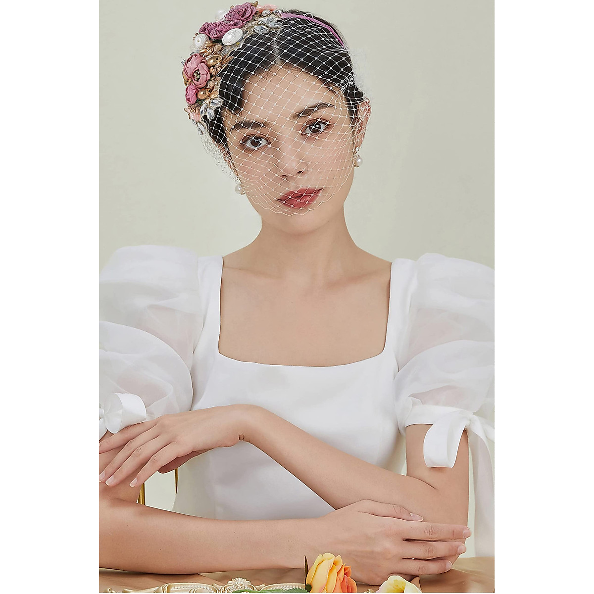 BABEYOND 1920s Fascinator Mesh Flower Pearl Veil Headband Bridal Wedding Tea Party Fascinator Veil for Women