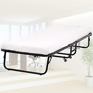 Dkeli Folding Bed Camping Cot Bed Guest Bed Metal Frame with Mattress Heavy Duty 330Lbs Weight Capacity Portable Foldable Twin Size Rollaway Bed on Wheels for Adults, Kids (White)