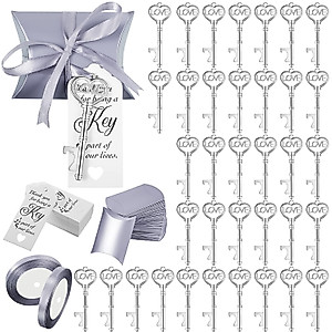100 Sets Wedding Favors Bulk Love Skeleton Key Bottle Opener Vintage Wedding Souvenir Gift with Thank You Tag Pillow Box and Satin Ribbon for Guests Birthday Party Decoration, Silver