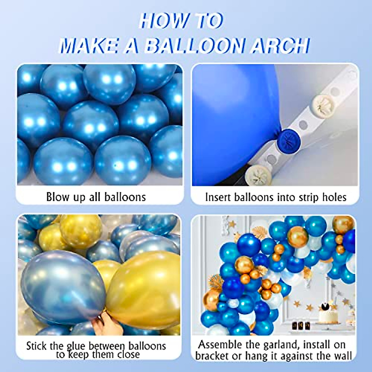 Royal Blue and Gold Balloon Arch Kit, 12"+10"+5" Party Balloons Garland, Metallic Blue Navy Blue Gold Balloons for Birthday Thanksgiving Baby Shower New Year Party Decoration -168Pcs