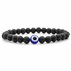 2Pcs Lucky Turkish Blue Evil Eye Hamsa Hand of Fatima Beaded Stretch Bracelet Elastic 7 Chakras Gemstone Lava Stone Bracelet for Women Men Good Luck Protection Amulet Jewelry-G blalck