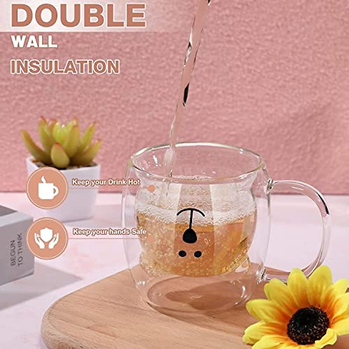 Chanlida Cute Brown Double Wall Cute Bear Cups (Pack of 2) Double Wall Cute Bear Cup with Handle Insulated Espresso Christmas Beer Cup Cute Birthday
