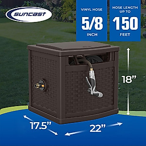 Suncast 150 Foot Slide Trak Outdoor Garden Wicker Resin Water Hose and Reel Hideaway with Brass Connections for Patio or Backyard, Java