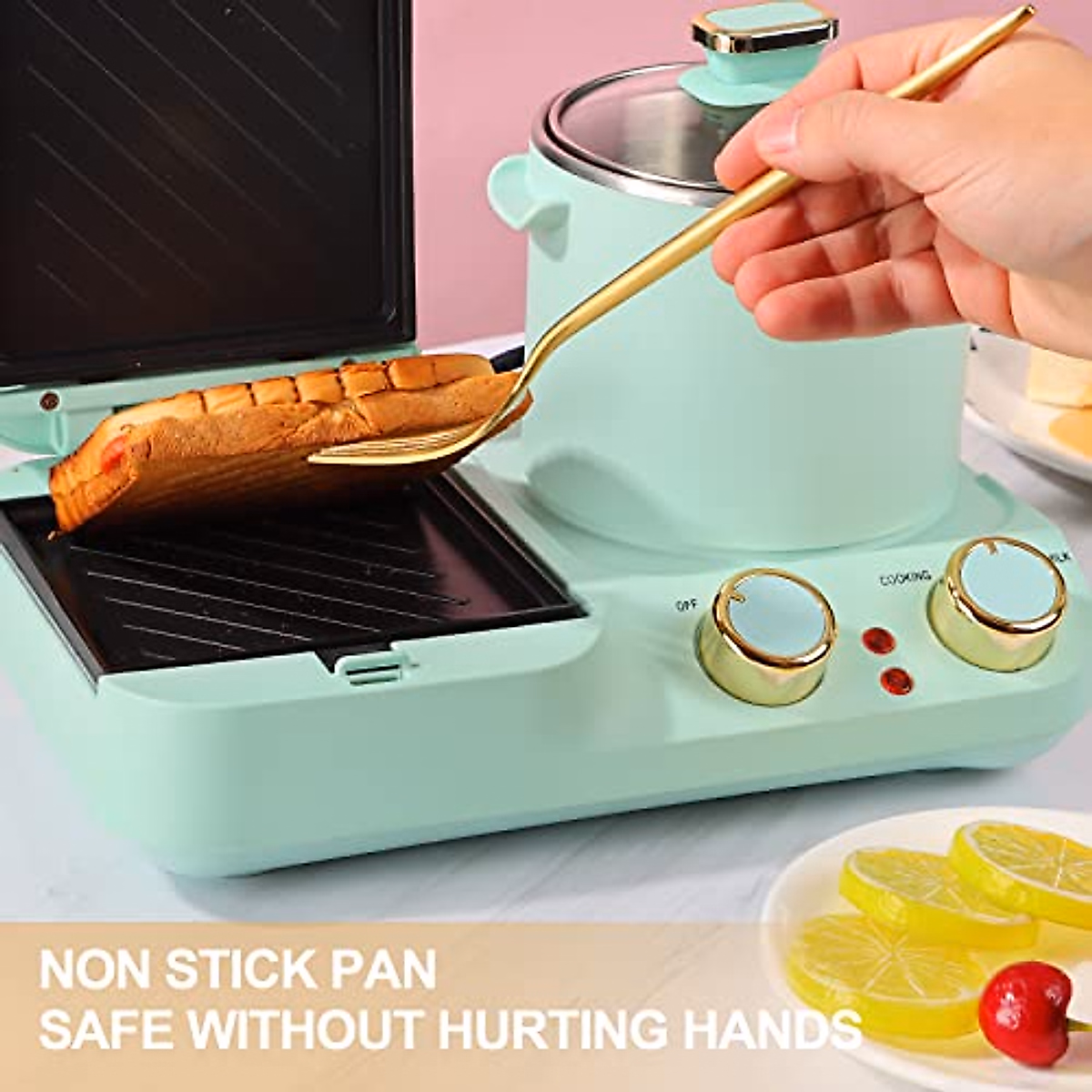 Mindore 3 in 1 Breakfast Station, Electric Retro Toaster Breakfast Machine Sandwich Maker with Detachable Non-stick Coating Plate,Stockpot with Glass Lid,Frying Pan, Household Breakfast Appliances