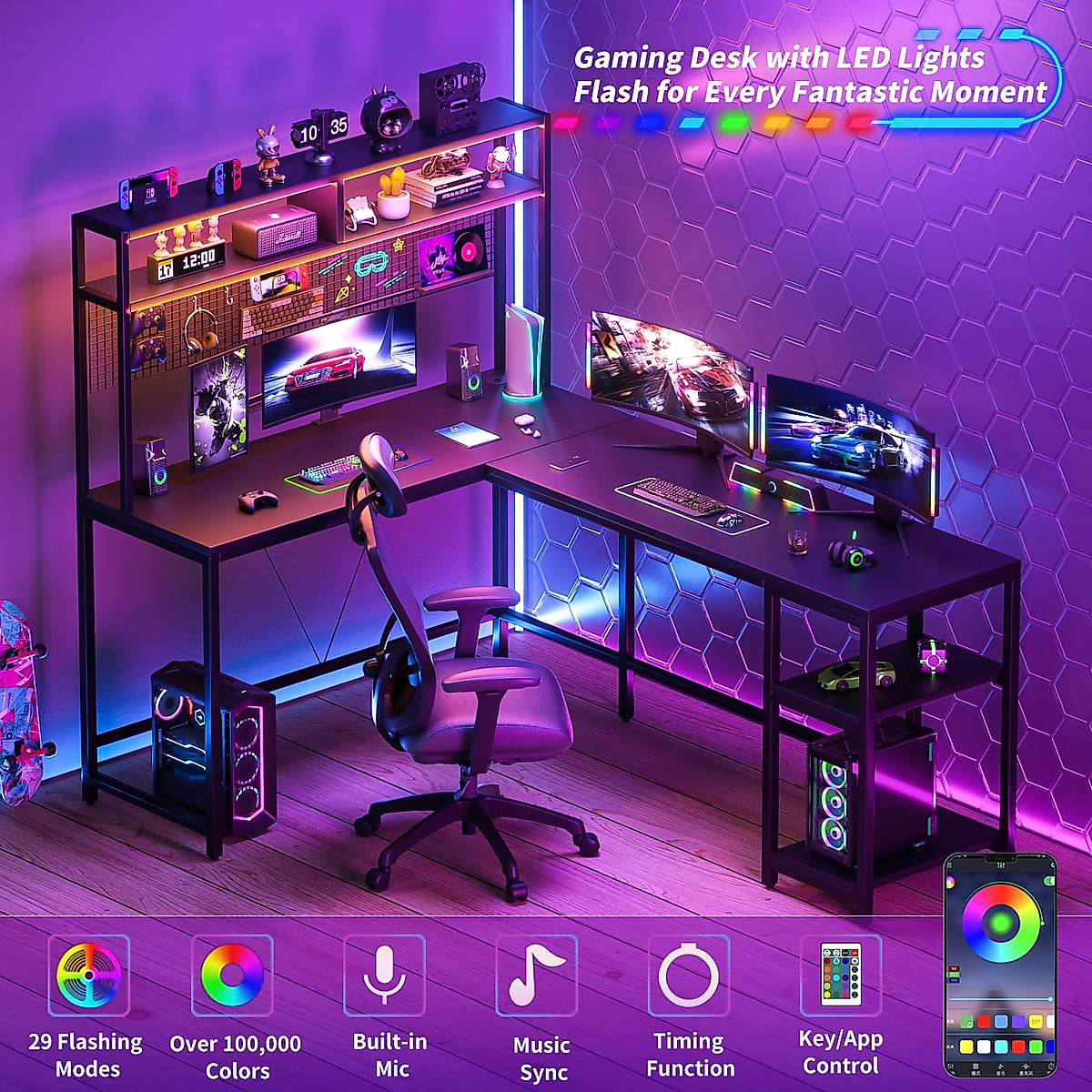 VEELOK L Shaped Gaming Desk with Hutch Pegboard LED Lights (Black)