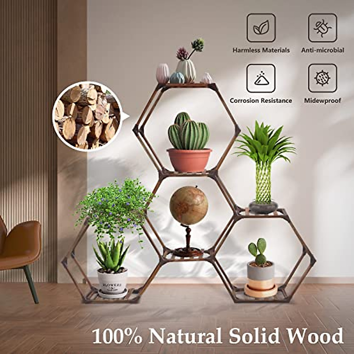 WASUMI Hexagonal Plant Stand Indoor, Plant Shelf Large 7 Tiers Wood Plant Stands Outdoor for Multiple Plants, DIY Flower Potted Plant Holder for Corner, Balcony, Patio, Garden, Living Room
