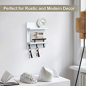 Lucundm Key Holder Wall Mount, Mail Shelf Decor with 3 Key Hooks, Versatile Wood Wall Organizer for Entryway Hallway (8.2” x 10.6”x 3.6”) (White)