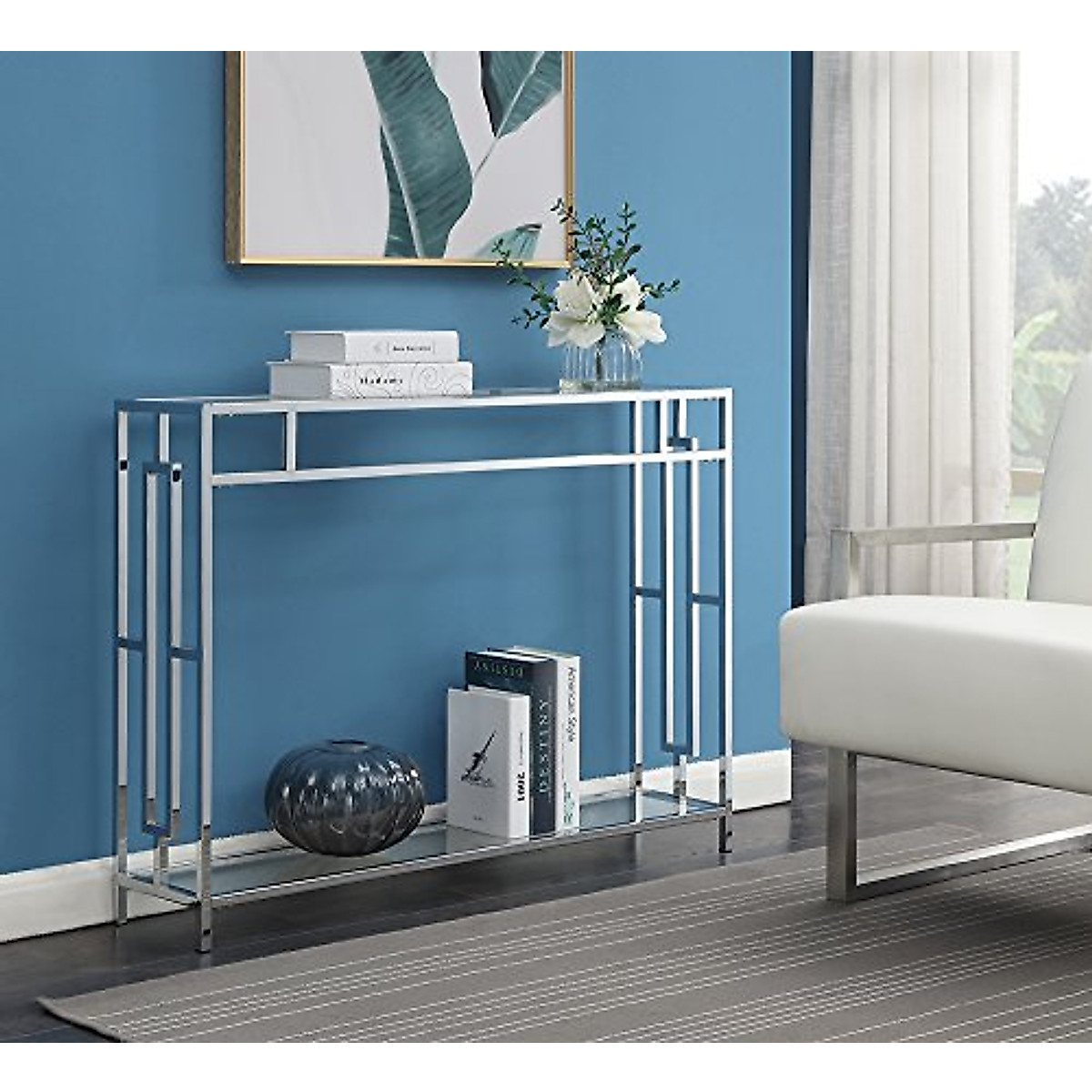 Town Square Chrome Console Table with Shelf, Glass/Chrome