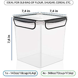 2 Large Airtight Food Storage Containers for Flour, Sugar 142oz - Kitchen Pantry Plastic Containers - Air Tight Canisters Set With Locking Lids - 4 Labels, Marker and 2 Measuring Cups(Black,White)