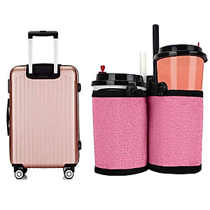 Luggage Cup Holder for Suitcase, qozabualy Hand Free Travel Bottles Carrier,Universal Suitcase Drink Holder - Hold Two Travel Mugs, Gifts for Flight Attendants Travel Essentials (Pink)