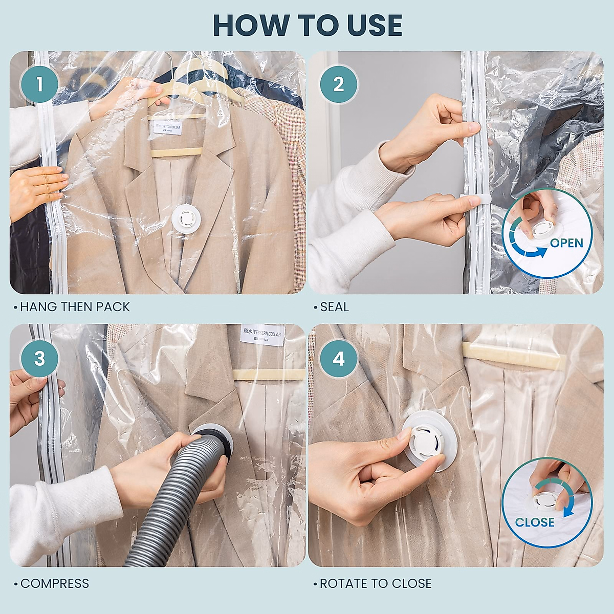 Napzzzz Hanging Vacuum Storage Bags, Space Saver Bags for Clothes, Set of 4 (2 Long, 2 Short), Premium Space Saver Vacuum Storage Bags for Clothing, Suits and Coats, Clothes Compression Storage Bags