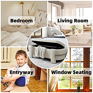 Wunlerlant 51.5" Oval Storage Bench End of Bed Storage Ottoman Benches Linen Fabric Upholstered Oversized Ottoman Bench with Large Storage Space for Living Room Entryway Bedroom Hallway Window Seating