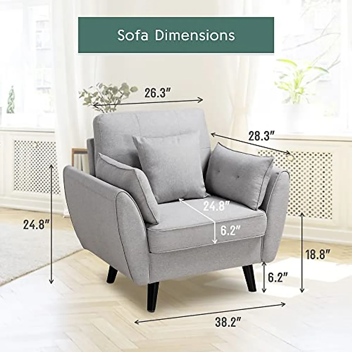 JAMFLY Small Sofa Couch for Living Room, Upholstered Modern Sofa Chair with Pillow, Comfortable Small Sofa for Bedroom, Office