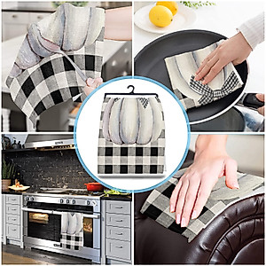 Thanksgiving Grey Pumpkin Kitchen Towels - 4 Pack Microfiber Absorbent Dish Towels for Kitchen, Fall Watercolor Black and White Plaid Farmhouse Kitchen Hand Towels/Tea Towels/Bar Towels 18"x28"