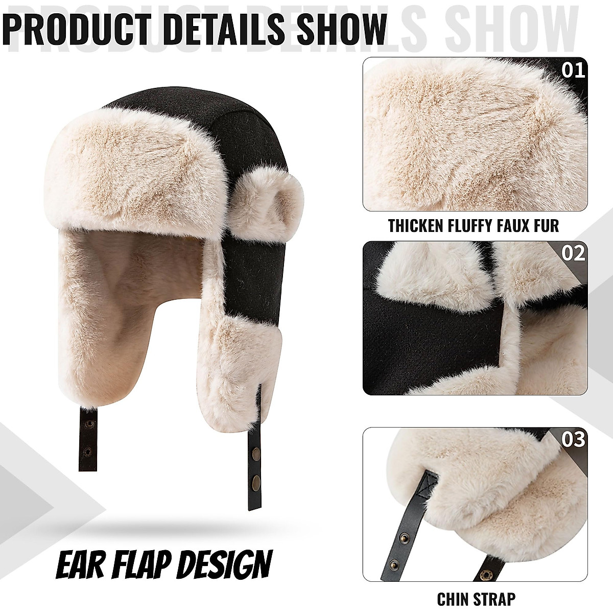 CLAPE Winter Trapper Hats Warm Russian Trooper Faux Fur Hat with Ear Flap Aviator Cap Unisex Ushanka Hat for Hunting