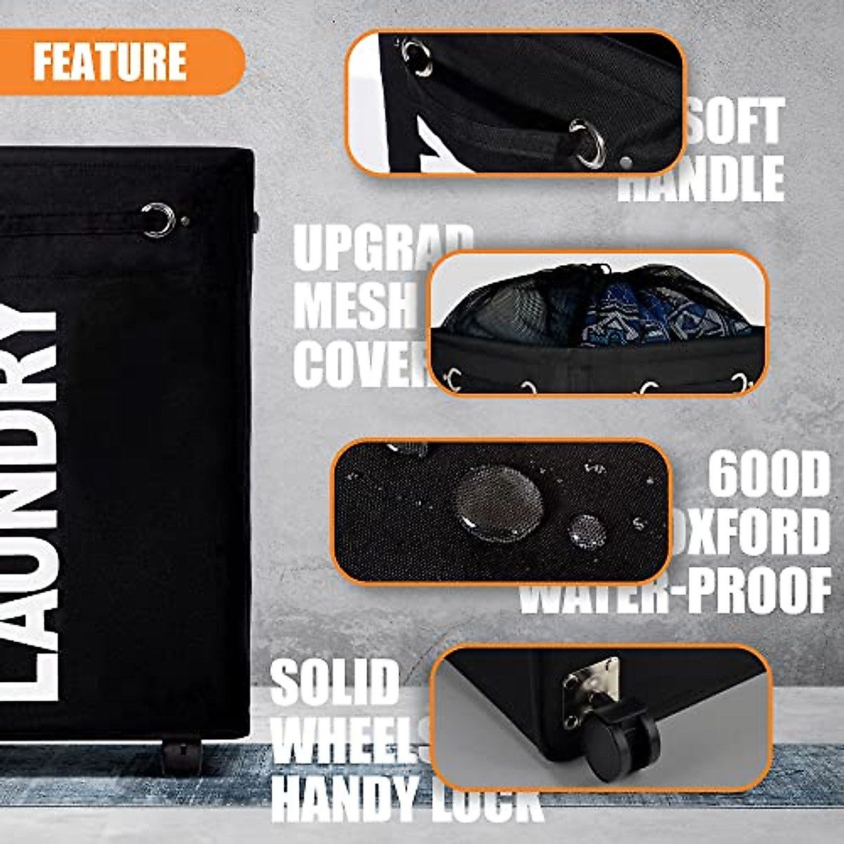 CAROEAS 23" Pro+ WHEELED Laundry Hamper Black&White Breathable Cover Heavy Duty Laundry Sorter Dirty Clothes Organizer Waterproof Foldable Laundry Basket Extra Large Laundry Bag (Pro Plus 23",Black)