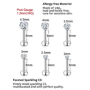 Xwnskvvz 16G Internally Threaded Medusa Piercing Jewelry Labret Studs Monroe Lip Ring Stainless Steel Tragus Piercing Jewelry 2-4.5MM Cubic Zirconia Forward Helix Earrings Cartilage Conch Earring