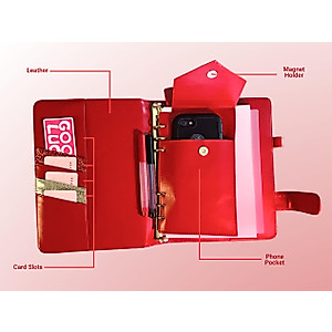 Planner Notebook A5 6 ring binder organizer (red) cover size 9,5’’x 7.25’’ Personal Business organizer planner Journals for writing Leather Journal for Women Notebook for journaling with pen