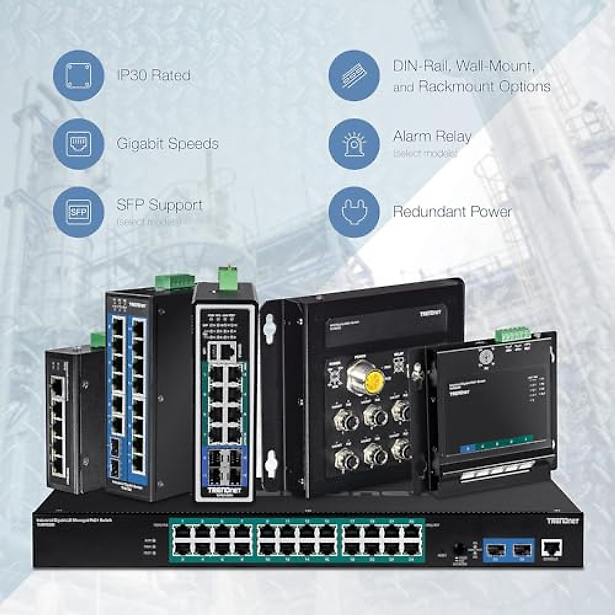 TRENDnet 16-Port Hardened Industrial Unmanaged Gigabit 10/100/1000Mbps DIN-Rail Switch w/ 16 Gigabit PoE+ Ports, Lifetime Protection, TI-PG160